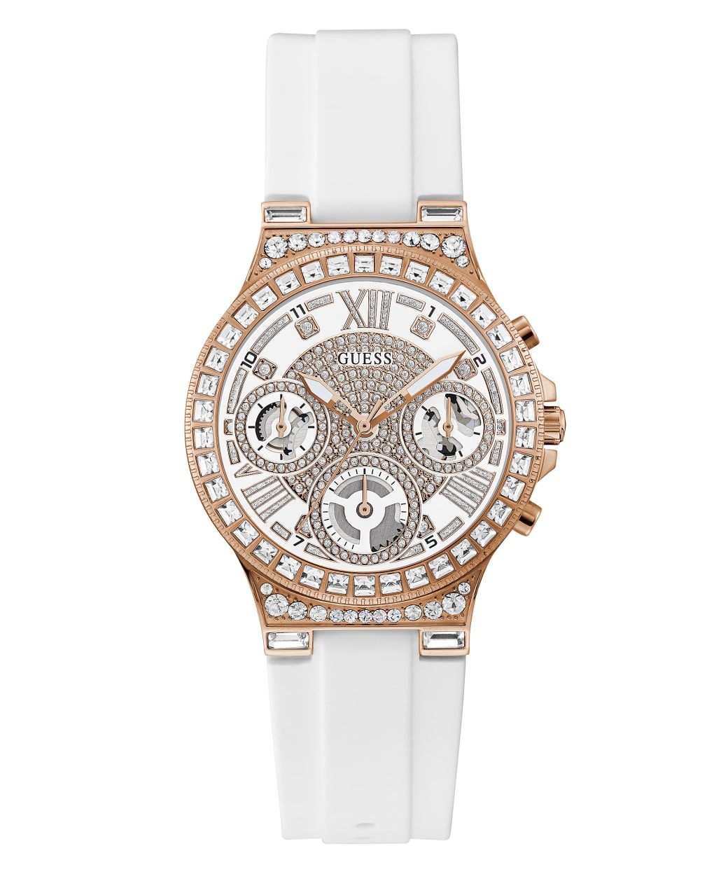 Guess Stone Set Rose Gold Tone Case White Silicone Watch - Knights The ...